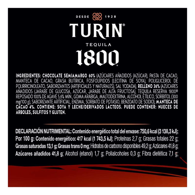 Turin Tequila 1800 Reserva Chocolates Con Licor Tubo 180g | Chedraui